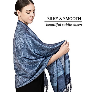 Achillea Two Tone Vintage Jacquard Paisley Pashmina Shawl Wrap Scarf (Steel Blue)