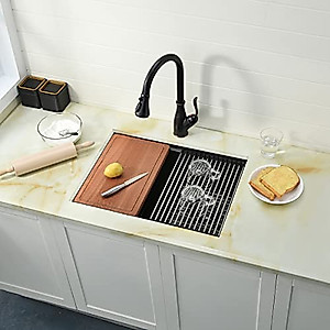 25 Inch Undermount Kitchen Sink Workstation, Jshozzy 25x19 Handmade Black 304 Stainless Steel Undermount Kitchen Sink with Offset Drain Deep Single Bowl Bar Prep Sink Basin