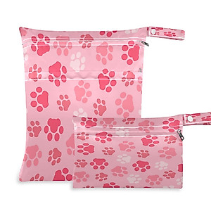 Kigai Pink Dog Paw Waterproof Wet Dry Bag Reusable with Handle for Travel, Beach, Pool, Diapers, Toiletries 2Pcs