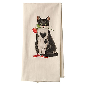 Mary Lake-Thompson Ltd. Busy Kitties Tea Towels - Black and White Cat with Rose Cotton Flour Sack Kitchen Cloth