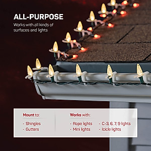 All-Purpose Holiday Light Clips [Set of 200] Christmas Light Clips, Outdoor Light Clips - Mount to Shingles & gutters - Works with Mini, C6, C7, C9, Rope, Icicle Lights - No Tools Required - USA Made
