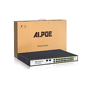 STEAMEMO 28 Port PoE Switch, 24 PoE+ Port@ 360W, 2 Gigabit Uplink, 2*1G SFP, 802.3af/at, Metal Casing 19-inch Rackmount, Overload Protection w/ Port, Unmanaged Plug and Play