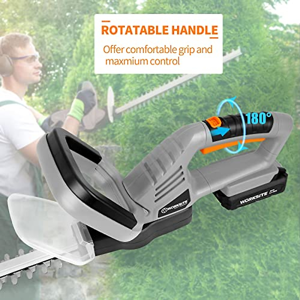 WORKSITE 20V Hedge Trimmer Cordless, Lightweight Bush Trimmer with 20-Inch Dual Steel Blade, Battery & Fast Charger Included