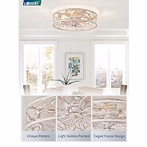 LEDIARY Caged Ceiling Fans with Lights, White Flush Mount Ceiling Fan with Remote, Small Low Profile Bladeless Ceiling Fan Light Fixture for Bedroom, Kitchen, Dining Room-White Gold Color