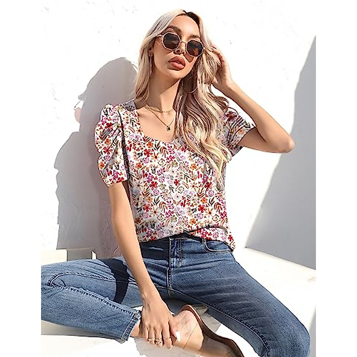 Ladies Romantic Tops Hawaiian Shirts for Women Square Neck Top Fitted Tops for Women Sexy Casual Trendy Short Sleeve Tops White Red Floral L