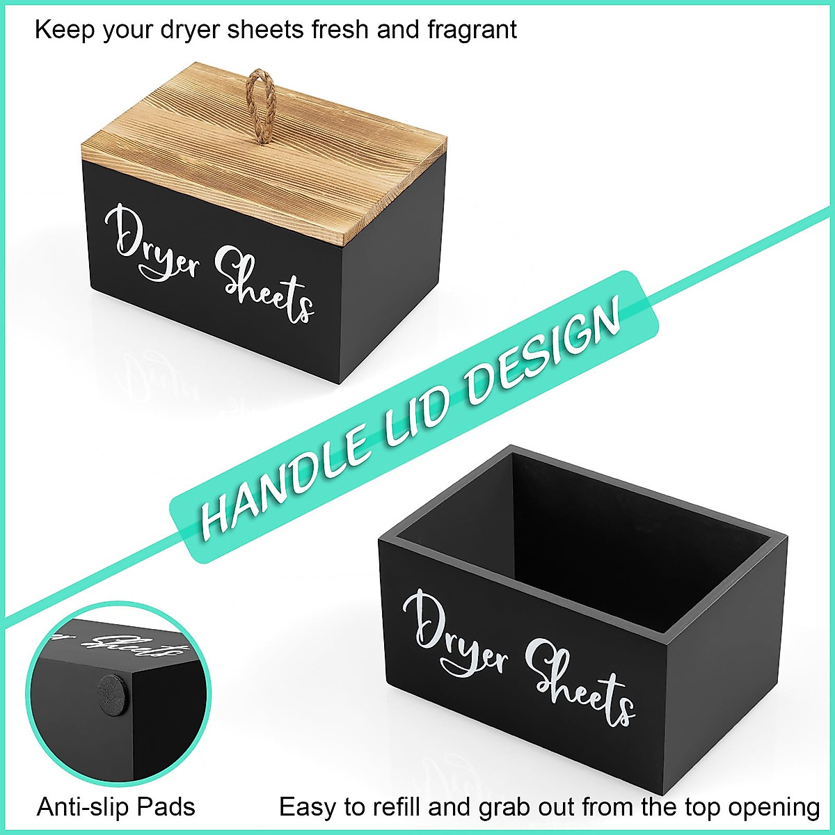 Dryer Sheet Holder, Wooden Laundry Sheets Container, Laundry Room Organization and Storage for Farmhouse Laundry Room Decor and Accessories, Fabric Softener Dispenser, Black