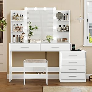 Quimoo 48" Large Vanity Desk with Mirror & Lights, Makeup Vanity Table with 6 Drawers & Power Outlet, 4 Open Storage Shelves, Vanity Desk Set with Stool, for Women Girls, White