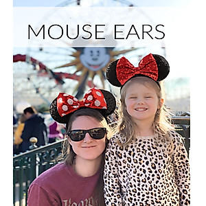 UNSPAZ Shiny Sequin Mouse Ear Headbands, 2 PCS Classic Bow Headbands for Adult Women and Girls (Red Sequin & Red Dot)