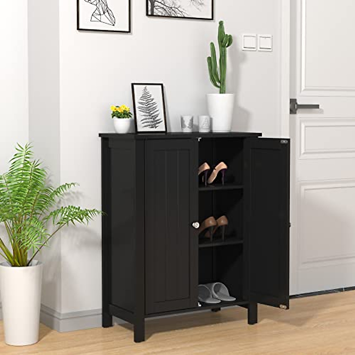 COSTWAY Bathroom Floor Cabinet - Freestanding Side Storage Organizer with Double Doors & Adjustable Shelf, Wooden Storage Cabinet for Living Room, Bedroom, Kitchen, Entryway (Black)