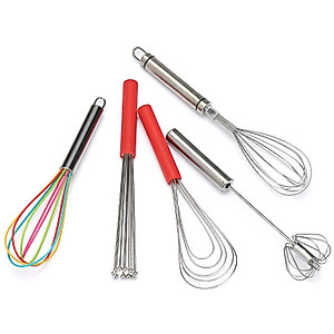Flat Whisk Silicone Handle Non Slip 10" - 5 Wires Whisk with 10 Heads for Kitchen Cooking Color Red by Jell-Cell