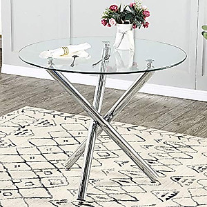 Glass Dining Table, Glass Round Dining Table Kitchen Table with Clear Tempered Glass Top, Modern Dining Table End Table Leisure Tea Coffee Table (Table)