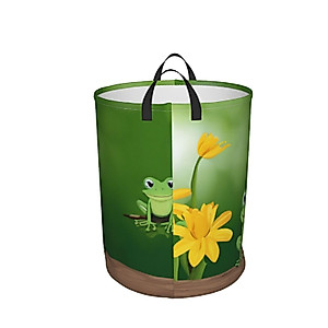 Delerain Frog Yellow Flower Laundry Basket, Waterproof Laundry Hamper with Handles, Collapsible Toy Bins Dirty Clothes Round Storage Basket for Home Bathroom Office Nursery, 19.6X15.7(M)