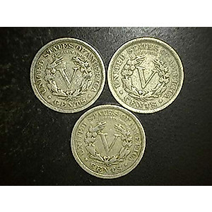 1883 No Mint Mark to 1912 5c US Liberty Head (Barber) Nickels - Set of 3 Coins - All FULL LIBERTY - 3 Different Dates Fine and Better