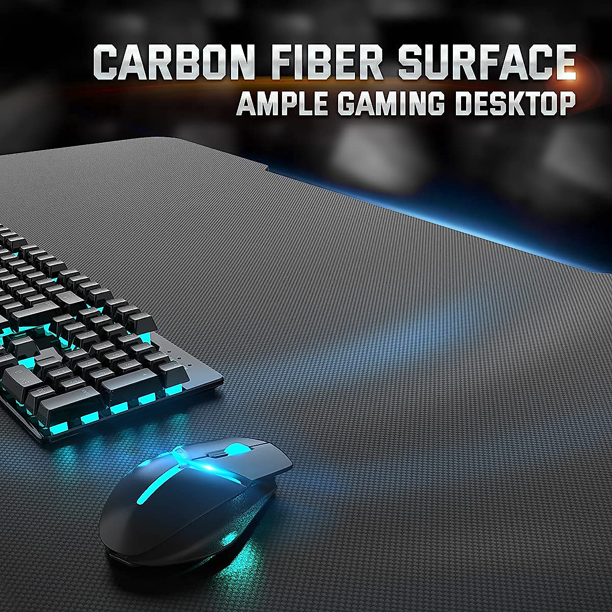 JOY worker Gaming Desk with LED Lights, 43 Inch Z-Shaped Gaming Computer Desk, Carbon Fiber Surface Home Office Game Table with Handle Rack, Cup Holder and Headphone Hook, Black