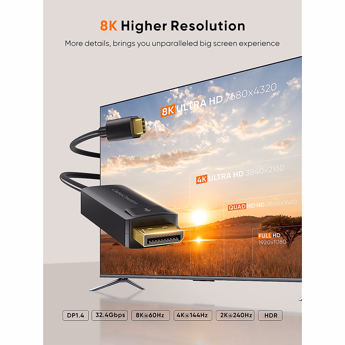 CableCreation 8K USB C to DisplayPort 1.4 Cable 6FT (8K@60Hz, 4K@144Hz, 2K@240Hz, HDR), Type-C (Thunderbolt 3/4) to DP Cable 32.4Gbps Compatible for Oculus Rift S, MacBook Pro/Air, iPad Pro