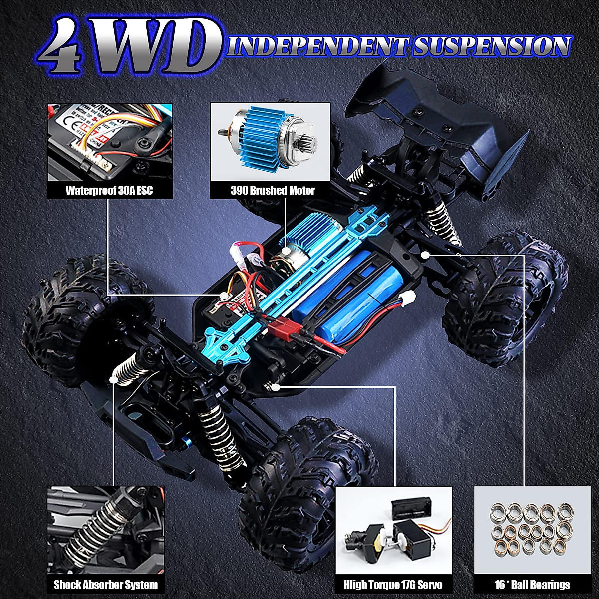 RC Cars 1/16 Remote Control Car RC Monster Trucks, Sakeye 4WD 2.4 GHz High Speed Racing Car 40Km/h All Terrains Off Road Truck with Head-up Wheel LED Headlight 2 Rechargeable Batteries for Kids Adults