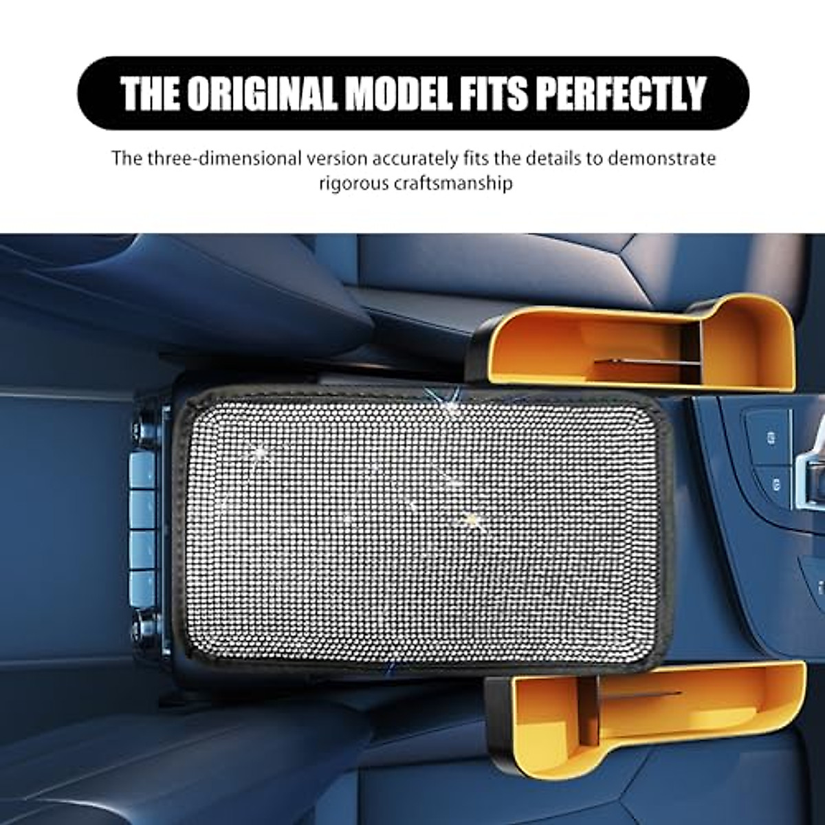 Crynod 1 PC Sparkling Car Armrest Box Protector, 8.66" x 11.81" Rhinestone Studded Stretch Elastic Band Mounted Center Console Cover, General Motors Anti-Scratch Accessory, for Most Cars (Silver)