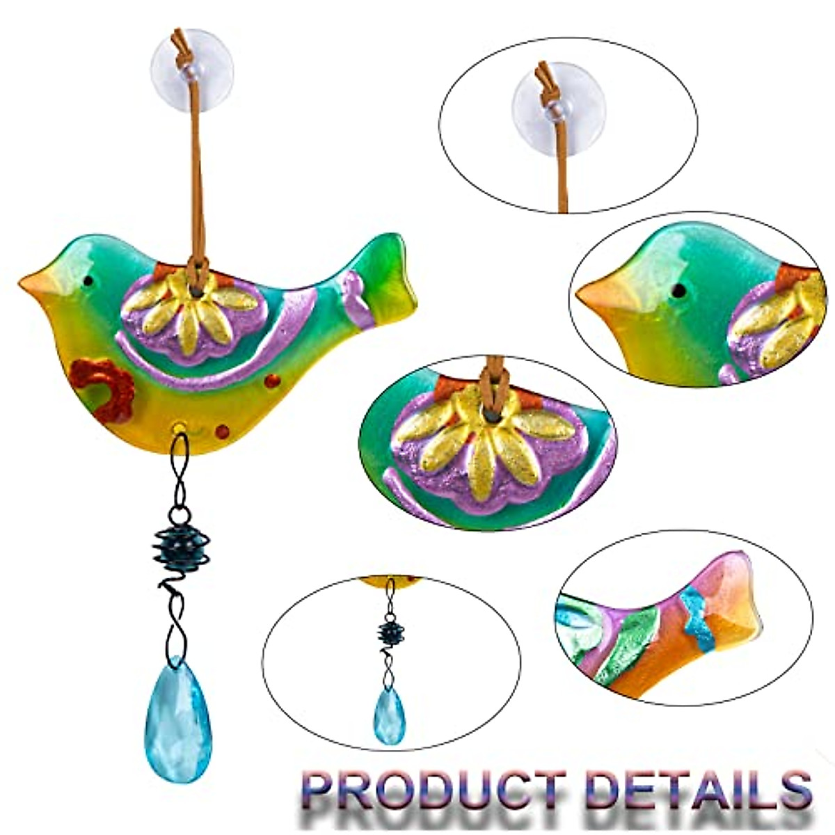 Fused Glass Bird Window Suncatcher,Indoor and Outdoor Hanging Decoration,with Crystal Pendant and Suction Cup,2 Pack Ornament for Home and Garden