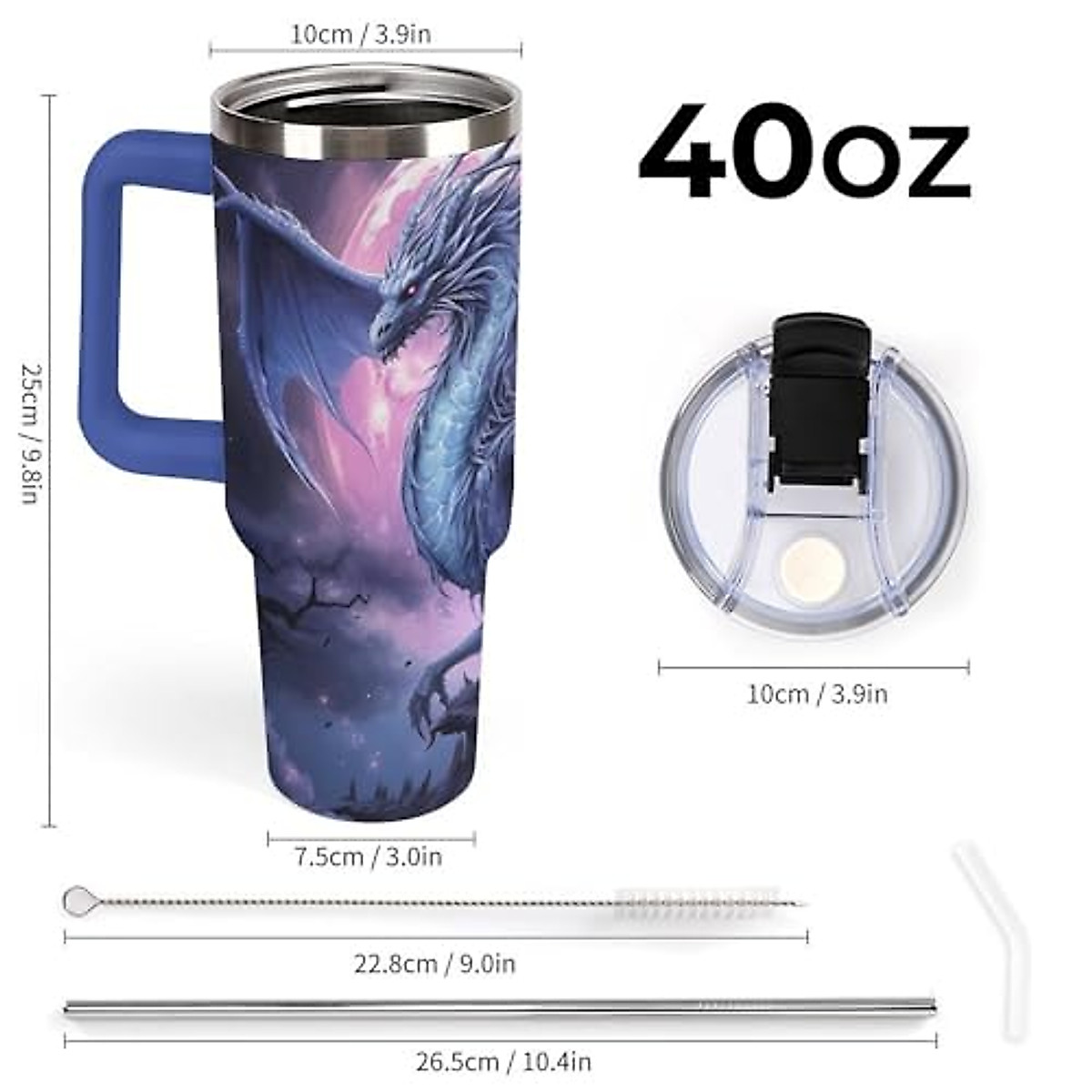 Purple Dragon 40 Oz Car Cup Stainless Steel Travel Mug Leak-Proof Insulated Tumbler with Handle Deep Blue-style