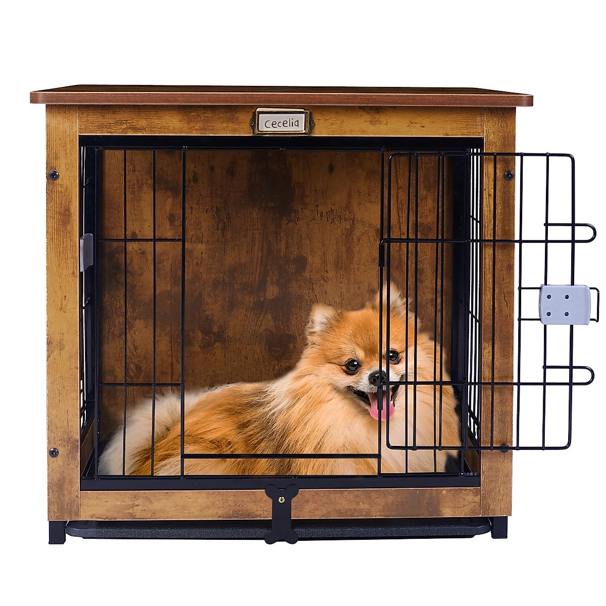 COPAW Dog Crate Furniture - 27 Inch Wooden Wire Pet Kennels with Double Doors Cushion and Removable Tray Wooden Indoor Decorative Pet House End Table Furniture Style Dog Crate for Small to Large Dog