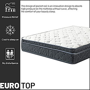 Mayton Queen Zero Pressure Quilted EuroTop 12" Hybrid Mattress with Pocket Spring for Medium Firm Comfort and Strong Edge Support, Black