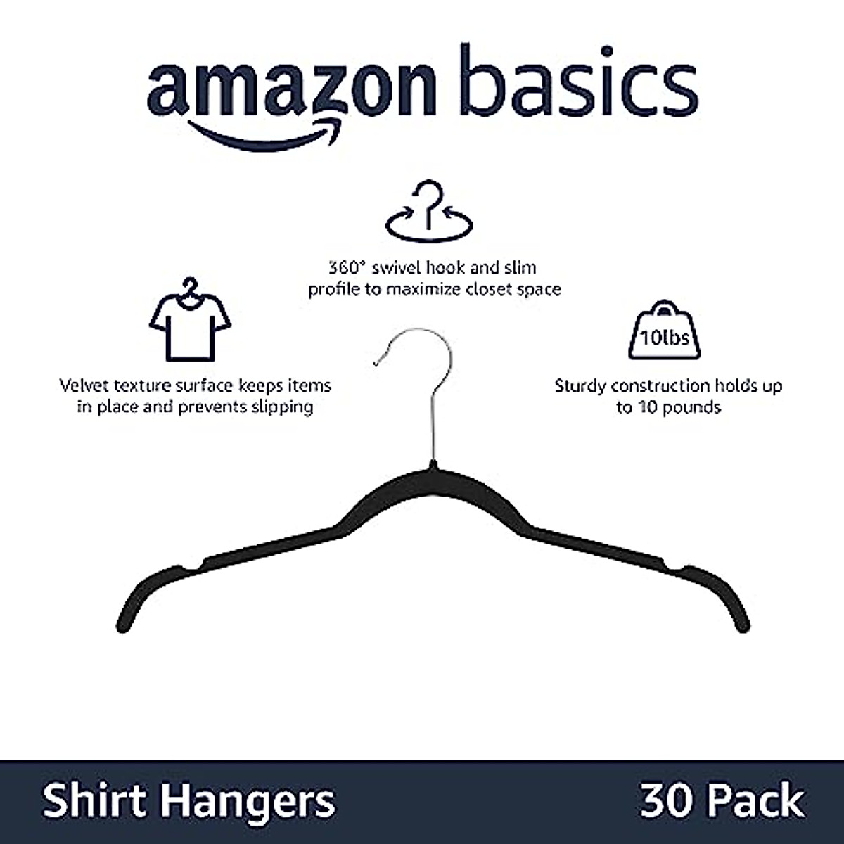 Amazon Basics Slim, Velvet, Non-Slip Shirt Clothes Hangers, Black/Silver - Pack of 30