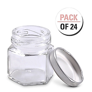 1.5 oz Hexagon Mini Glass Jars with Silver Lids and Labels (Pack of 24)