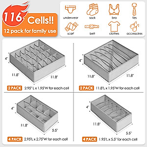 12 Pack Sock Underwear Drawer Organizer Dividers, 116 Cells Fabric Foldable Dresser Closet Organizers and Storage Bins for Baby Clothing, Women Men Underwear Socks, Bra, Ties, Scarf