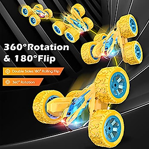Qumcou Remote Control Car, RC Cars Stunt Car Toys for Kids, 2.4Ghz High Speed Double-Sided 360°Rotating Toy Cars with Cool Headlights, Christmas Birthday Gifts for Boys Girls Age 6-12（Yellow）