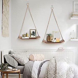 2 PCS Hanging Shelves for Wall, Wood Hanging Shelves for Wall, Cute Boho Room Rope Farmhouse Wooden Floating Small Bookshelves Decoration Wall Display Hanging Shelf for Living Room,Office, Bedroom