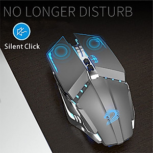 TENMOS T12 Wireless Gaming Mouse Rechargeable, 2.4G Silent Optical Wireless Computer Mice with Changeable LED Light for Laptop PC, 7 Buttons, 3 Adjustable DPI (Grey)