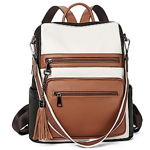 Telena Womens Backpack Purse Vegan Leather Large Travel Backpack College Shoulder Bag with Tassel, Beige Black Brown