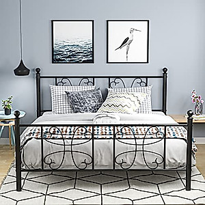 VECELO Queen Metal Platform Bed Frame Mattress Foundation with Iron-Art Headboard and Footboard, No Box Spring Needed, Noise-Free, Easy Assembly, Under Bed Storage