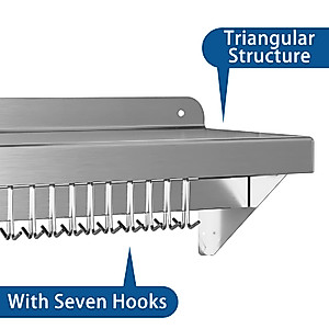 KYBOLT 12"x60" Stainless Steel Shelf,Multifunctional Metal Wall Mounted Shelf,Stainless Steel Kitchen Shelf with 2 Stainless Steel Backsplashs and 7 Hooks