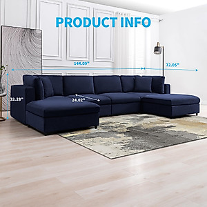Mjkone 144'' Oversized U Shape Sectional Sofa Couch with Reversible Ottoman. 6 Pieces Modular Sofa Couch with 2 Free Cushions. Free Combination, Living Room Furniture, Deep Blue