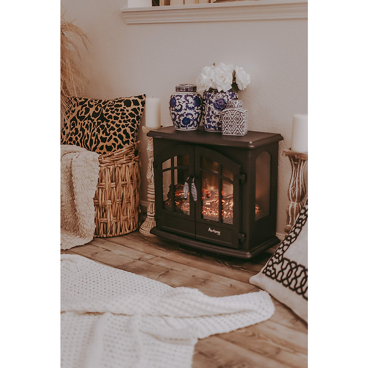 e-Flame USA Jasper Freestanding Electric Fireplace Stove Heater - Realistic 3-D Log and Fire Effect (Black)