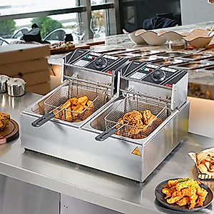 VEVOR Commercial Electric Deep Fryer, 24L Large Capacity Electric Countertop Fryer w/Dual Removable Basket, 3000W Stainless Steel Dual Deep Fryer for Kitchen, Restaurant and Commercial Use, Silver