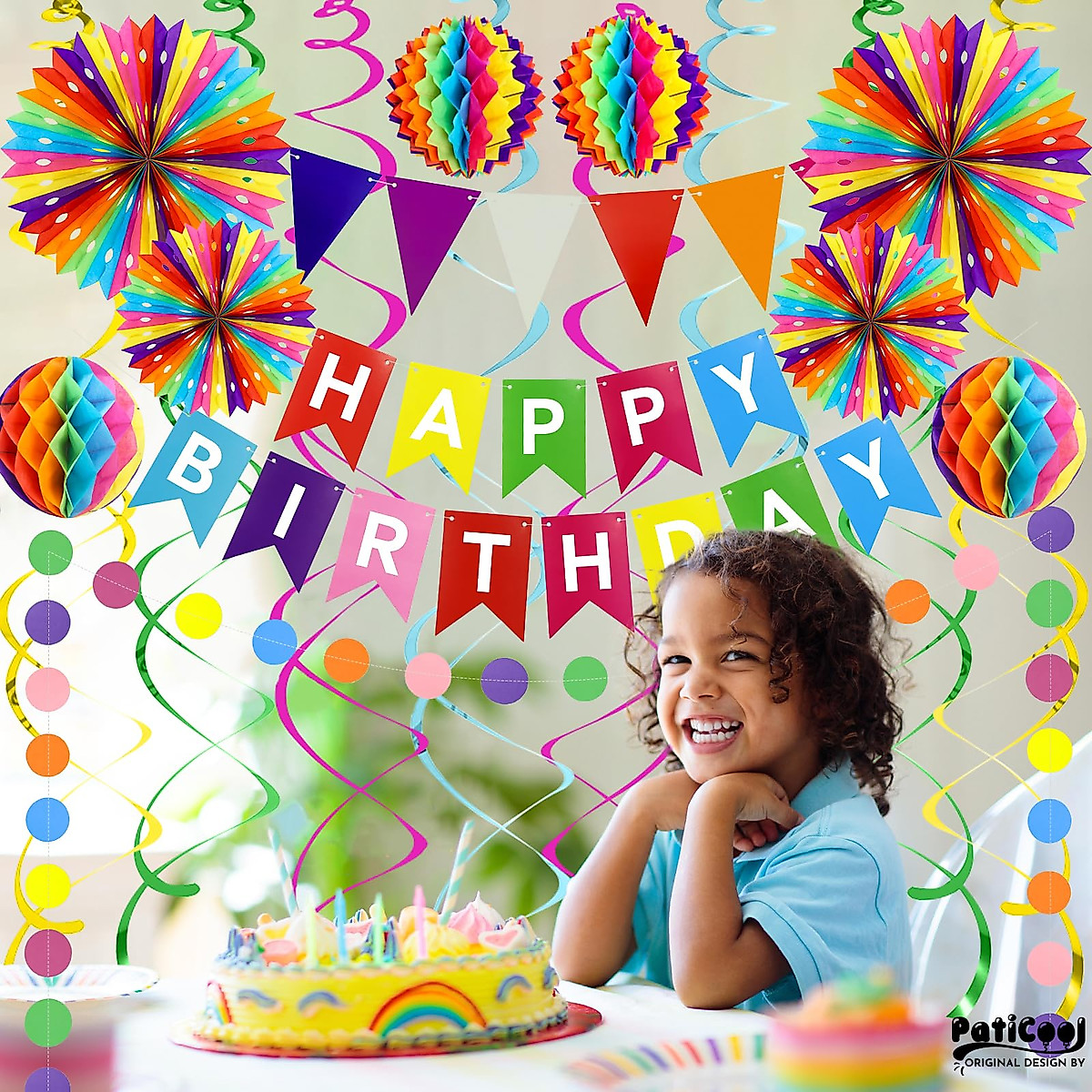 PatiCool Happy Birthday Party Decorations Pack with Rainbow Happy Birthday Banner, Honeycomb Balls, Circle Dot Garland, Paper Bunting Banner, Paper Fans and Hanging Swirls Streamers