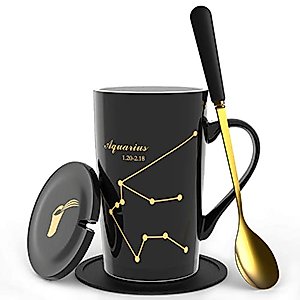 Fullcci -15oz Aquarius Birthday Gift Ceramic Creative Constellation Zodiac Coffee Mug Set Capacity Upgrade Tea Cup for Cocoa Water Milk Juice (Aquarius-Black Gold)