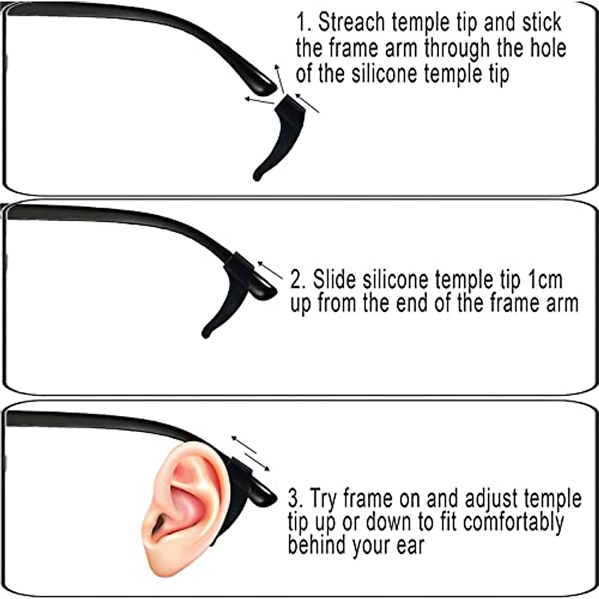 MOLDERP 15 Pairs Soft Silicone Eyeglass Ear Grip Cushions Temple Tips Eyeglass Pads Anti Slip Glasses Ear Hook Comfort Sport (All, M-Black)