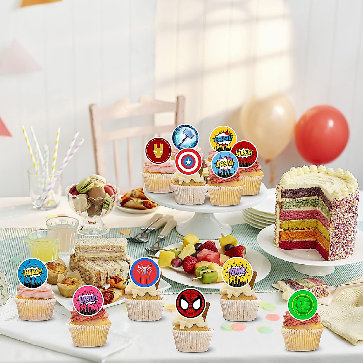 Superhero Cupcake Topper Birthday Party Favor, Superhero Cup Cake Decorations Supplies Finger Rings Gift for Anime Fans Kids (Superhero)