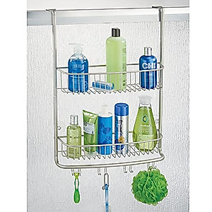 mDesign Extra Wide Stainless Steel Bath/Shower Over Door Caddy, Hanging Storage Organizer 2-Tier Rack with Hook and Basket, Holder for Soap, Shampoo, Loofah, Body Wash, Omni Collection, Matte Satin