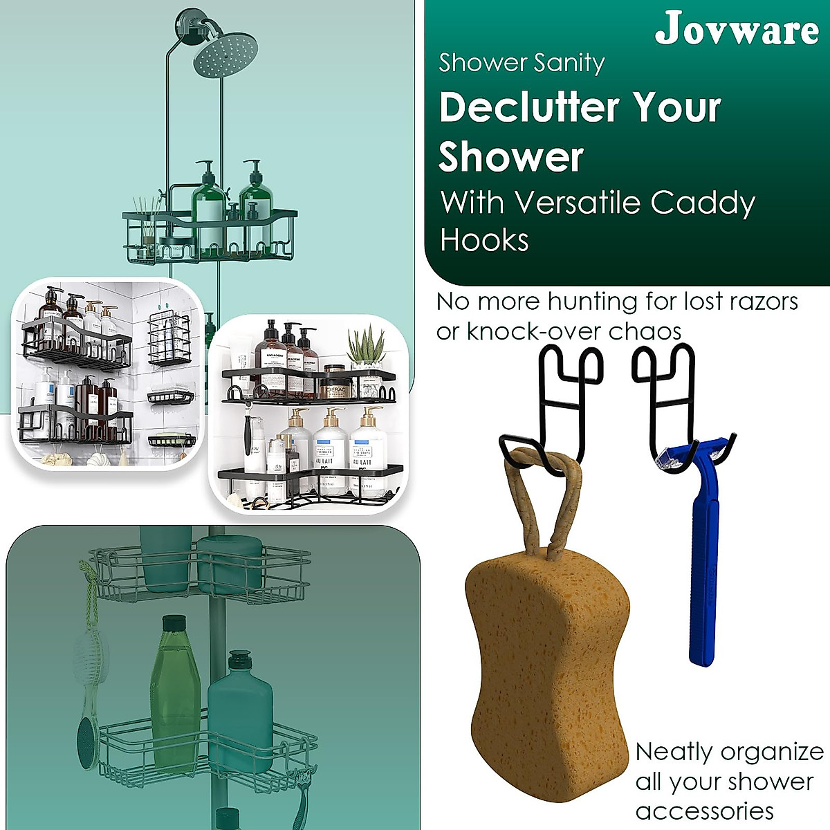 Jovware Black Shower Caddy Hooks, Razor Hooks for Shower, Razor Hanger for Shower, Shower Caddy with Hooks, Shower Hooks for Loofah, Razor Holder 2 Pack