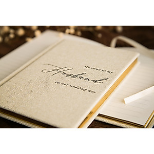 MUUJEE Hard Cover Vow Books (Set of 2) - Cream Canvas Linen Foil Embossed Wedding Ceremony Vow Renewal Speech Books, Couple Gifts for Engagement (To My Husband/Wife)