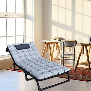 4 Position Reclining Chaise Lounge Chair with Mattress and Pillow for Outside, Folding Camping Cot for Adults, Portable Foldable Sleeping Bed Lounger Outdoor for Patio Yard Lawn Beach Pool Sun Tanning