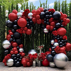 Black Red Silver Balloon Garland - Double Stuffed Dark Red Black Balloons Latex Ruby Red Maroon Metallic Balloon Arch Kit for Birthday Baby Shower Vanlentine's Day New Year Christmas Party Decor