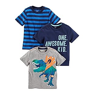 Simple Joys by Carter's Baby Boys' 3-Pack Short-Sleeve Tee Shirts, Blue Stripe/Grey Dinosaur/Navy Text Print, 5T
