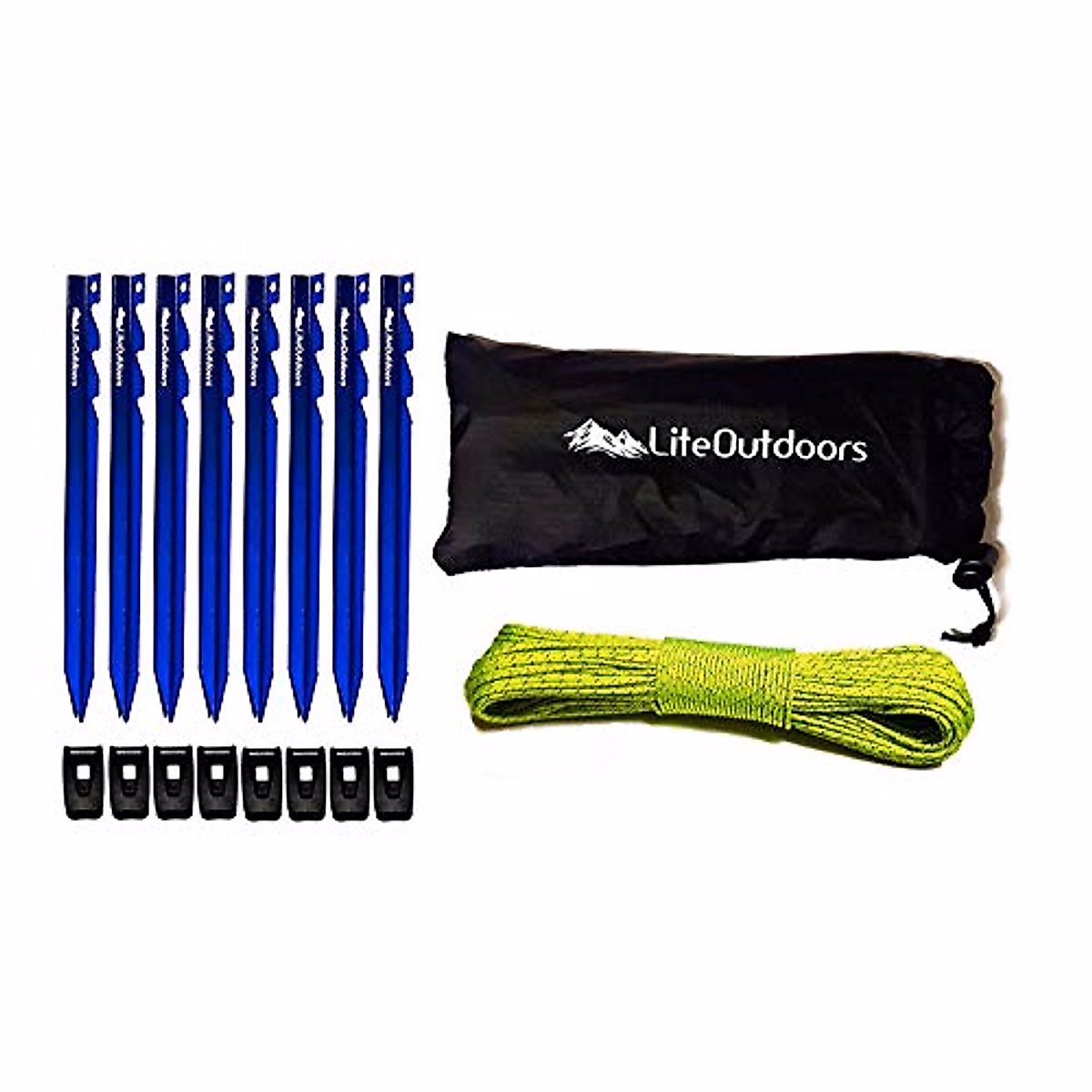 LITEOUTDOORS Ultralight Tent Stake Kit - 8 Aluminum Tent Pegs, 60' Reflective Guy Line, 8 Cord Tensioners - for Backpacking, Hiking, Camping