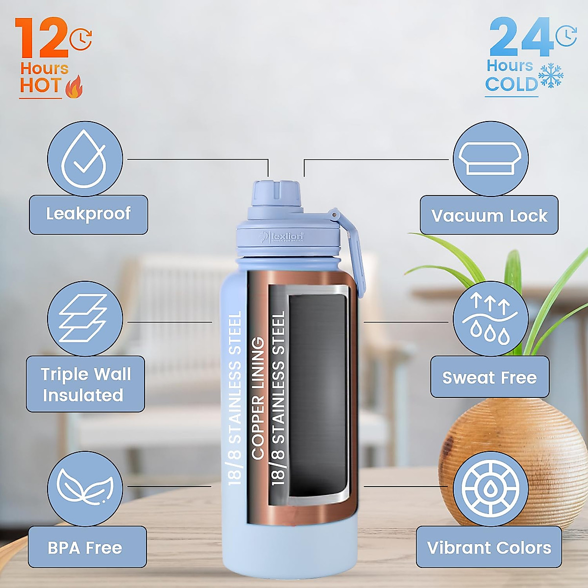 Lexlion Tea Infuser Bottle - Fruit Infuser Water Bottle 32 Oz, Triple Walled Insulated Stainless Steel Bottle, Thermal Leaf Infuser, Silicone Sleeve, 3 Lids Leakproof, Metal Mug Gallon