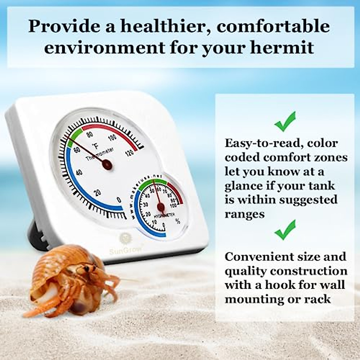SunGrow Hermit Crab Thermometer & Hygrometer for Terrariums and Reptile, Analog Gauges, Measures in Fahrenheit & Percent, White, 1 Pc per Pack